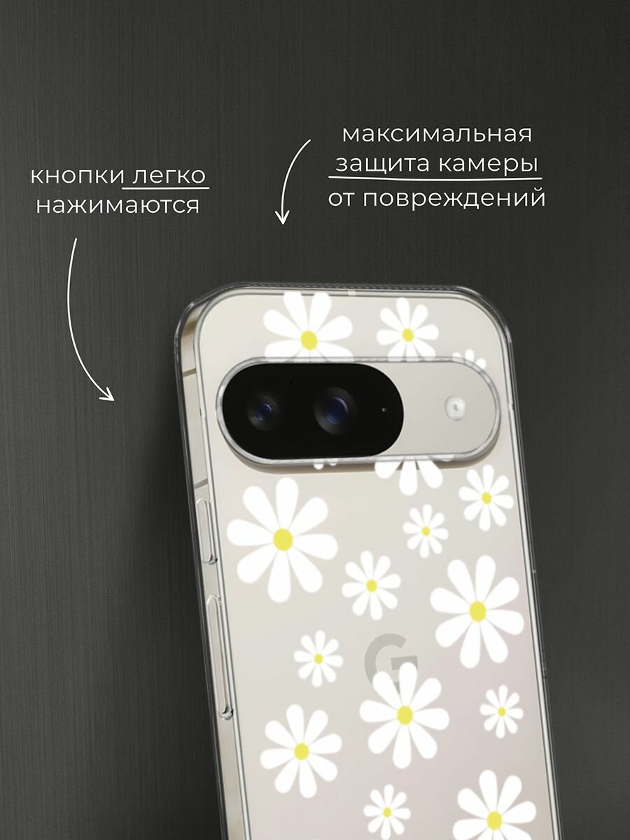 Чехол на Google Pixel 9 / Гугл Пиксель 9 с принтом "Большие ромашки", прозрачный — фото 1