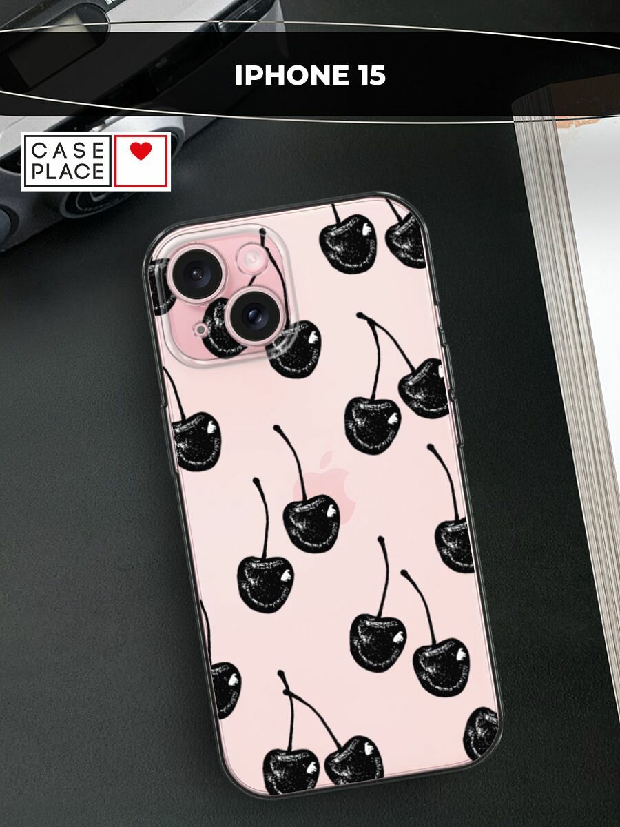 Чехол на Apple iPhone 15 / Айфон 15 с принтом "Черная вишня", прозрачный