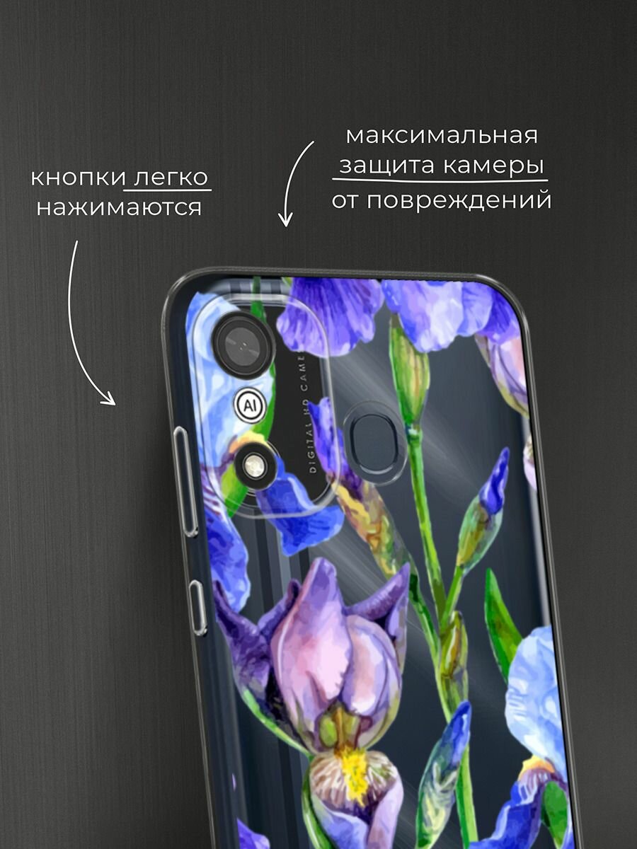 Чехол на Itel A27 / Ител А27 с принтом "Синие ирисы", прозрачный — фото 1