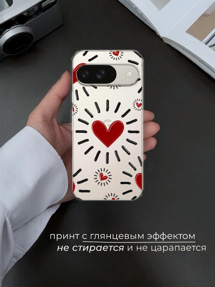 Чехол на Google Pixel 9 / Гугл Пиксель 9 с принтом "Бордовые сердца паттерн" — фото 1