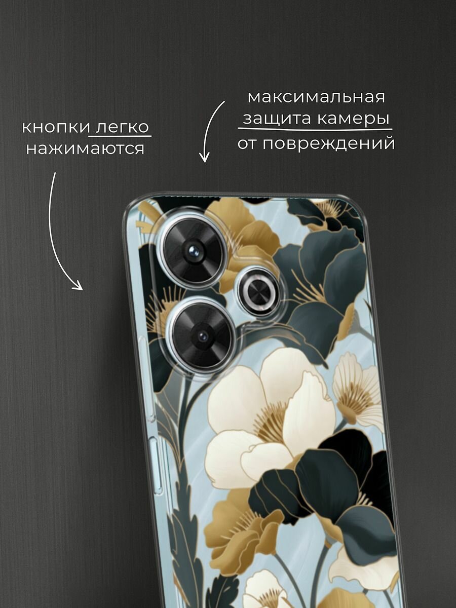 Чехол на Сяоми Редми Ноут 13R/Редми 13/Поко М6 4G/M6 Плюс с принтом Золотые цветы — фото 1