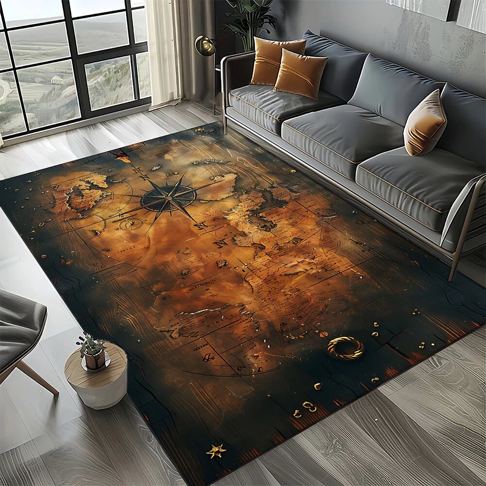 2025 New Style Retro Marine Nautical Chart Compass Carpet Rug for Home Living Room Bedroom Sofa Doormat Decor, Non-slip Floor Mat