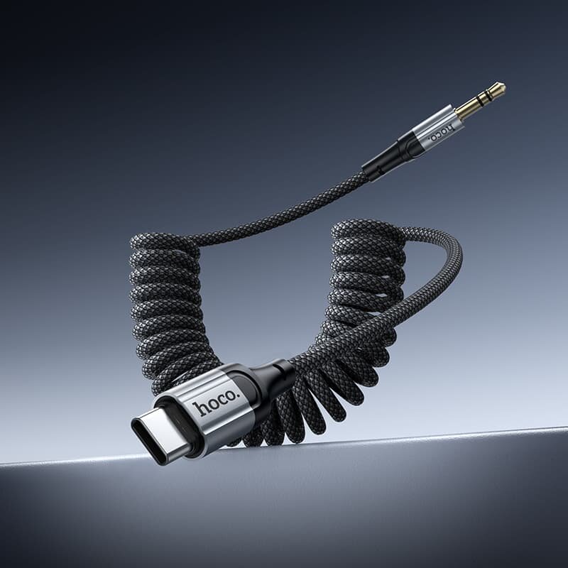 Кабель Aux Jack 3,5 - Type-C UPA33B HOCO, 1,5 м, черный, пружина в оплётке