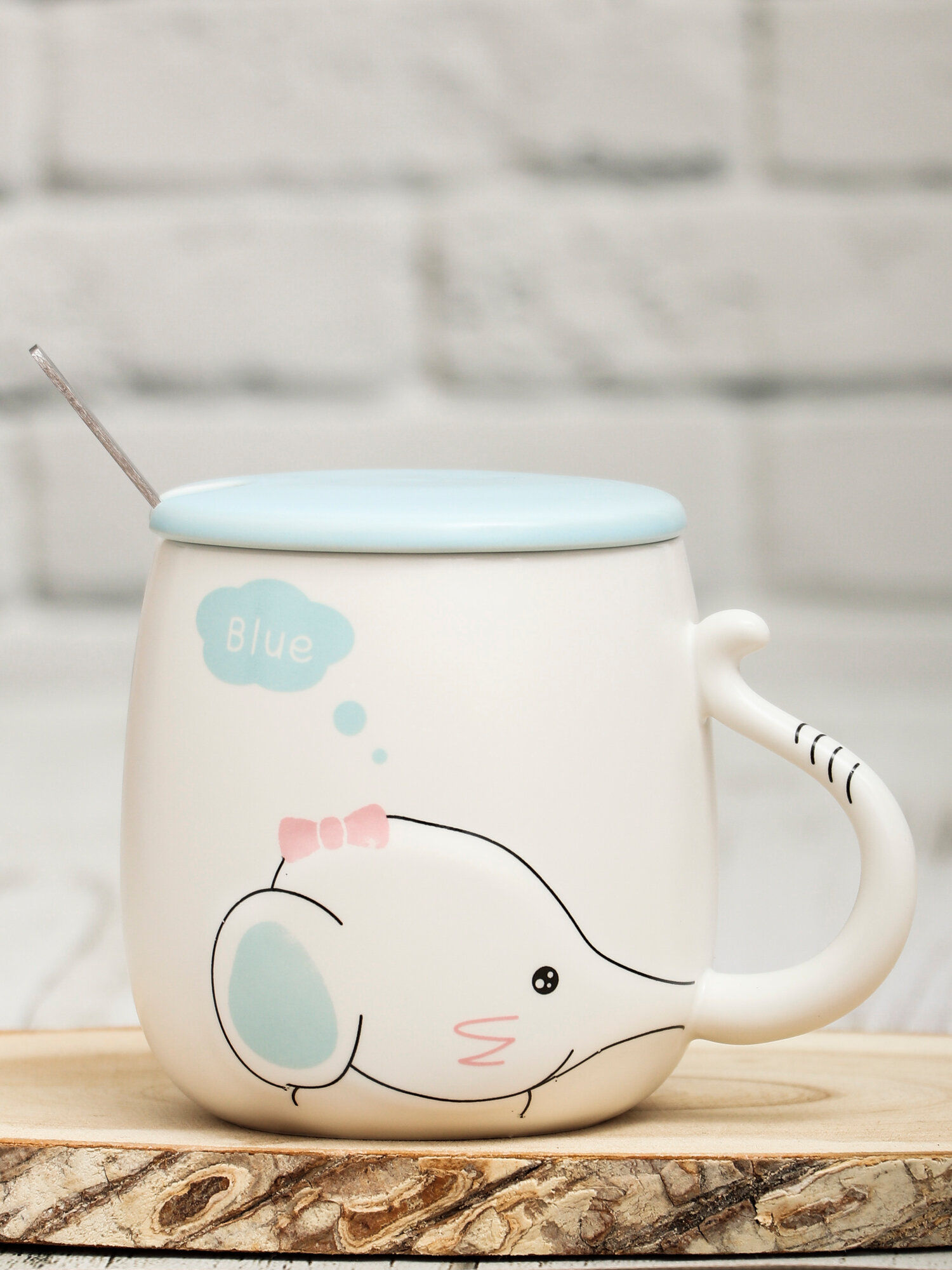 Кружка для чая "Веселый Слоник" синий 410 мл, с крышкой и ложкой, женская, детская, подарочная на новый год