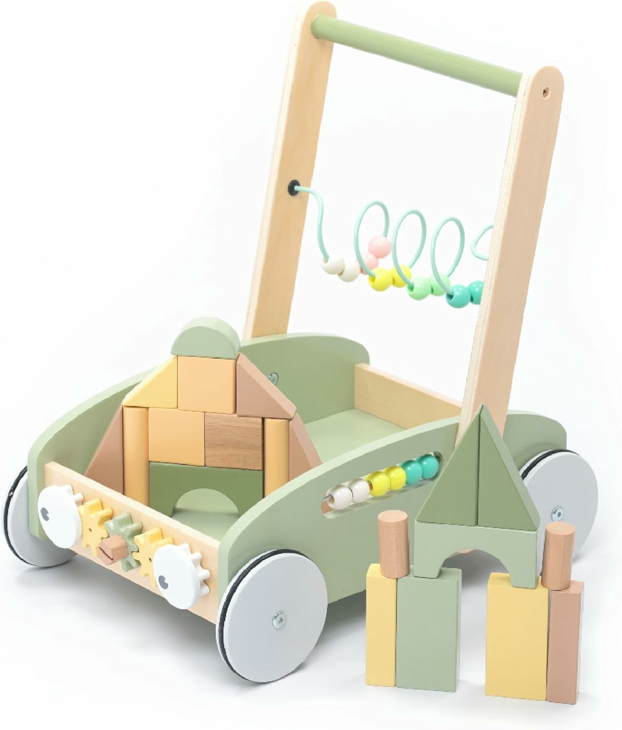 Ходунки-каталка детские UMU - Деревянные ходунки 5-в-1 для малышей с игровым центром, цвет зеленый - 1342