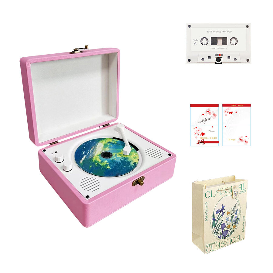 CD-плеер COZMO Винтажный SG1900 Bluetooth, pink, с 3D-эффектом звука, всё в одном, с аудиопленкой и подарочной картой