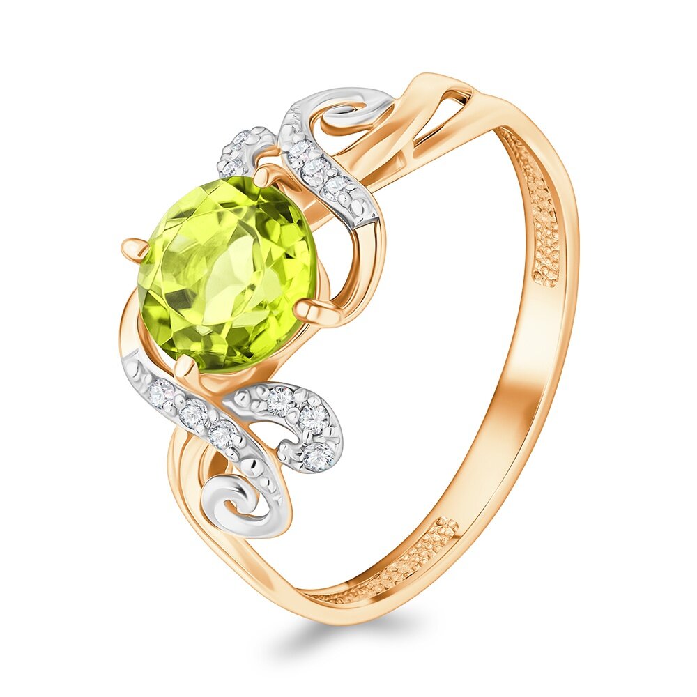 Кольцо, красное золото, 585 проба, родирование, хризолит, фианит