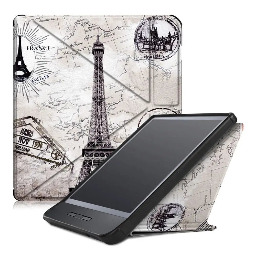 Противоударный чехол-подставка для Kobo Libra H2O из искусственной кожи Eiffel Tower