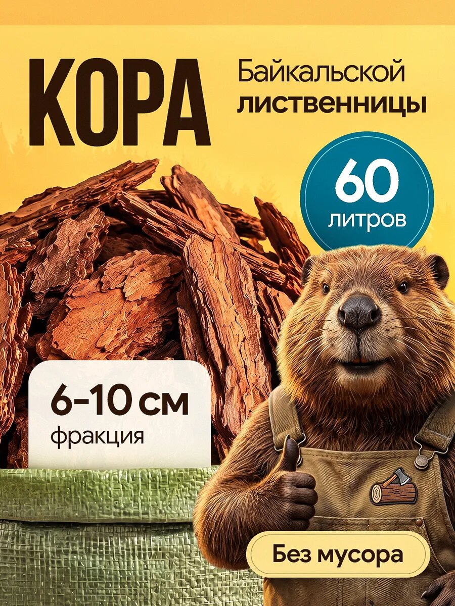 Мульча "Кора лиственницы", 60 л, коричневая, размер частиц 6-10 см