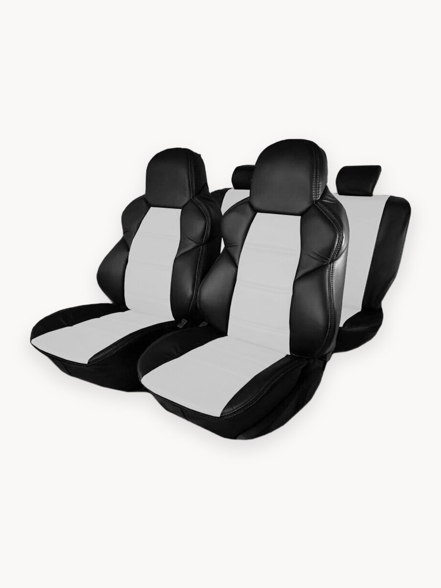 Универсальные авточехлы из экокожи с боковыми поддержками / автомобильные чехлы из экокожи черные с белым