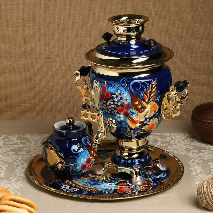 Набор "Птица на синем", жёлудь, 3 предмета, самовар 3 л, заварочный чайник 0,7 л, поднос