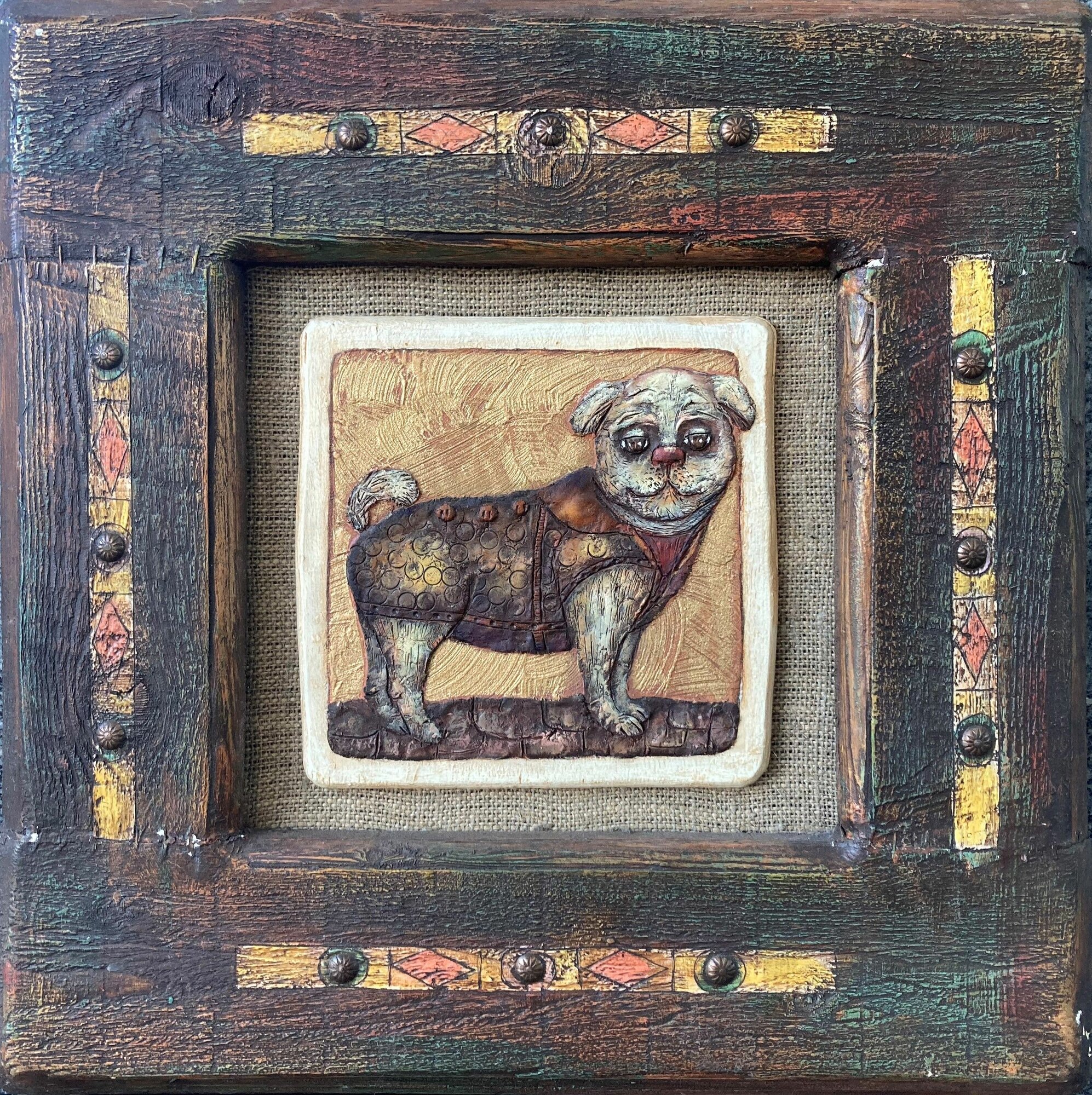 Панно "Дружок" 42х41 см; керамическое панно; смешанная техника; холст; дерево;