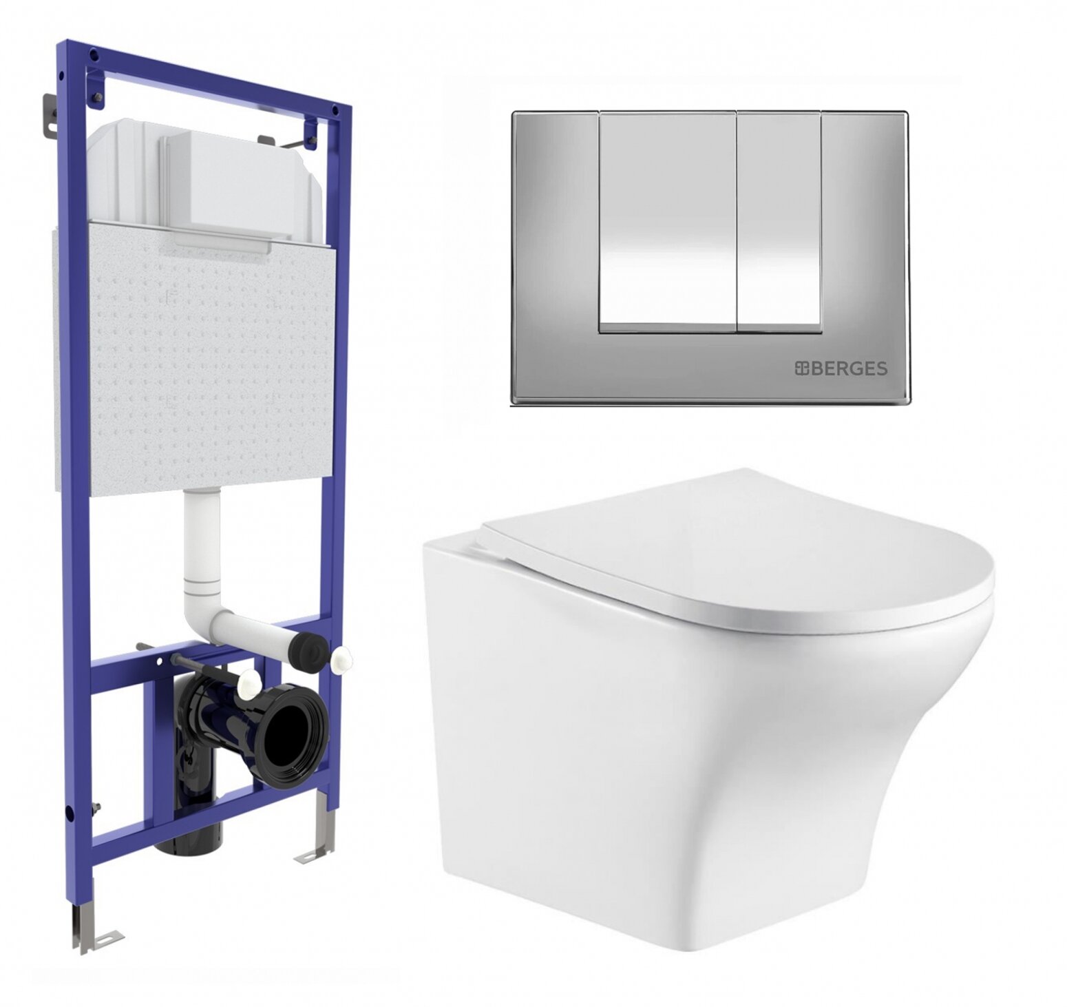 Комплект 3 в 1 инсталляция Berges Wasserhaus Novum 040242 + Подвесной унитаз WeltWasser Odenbach 004 GL-WT + кнопка хром матовая