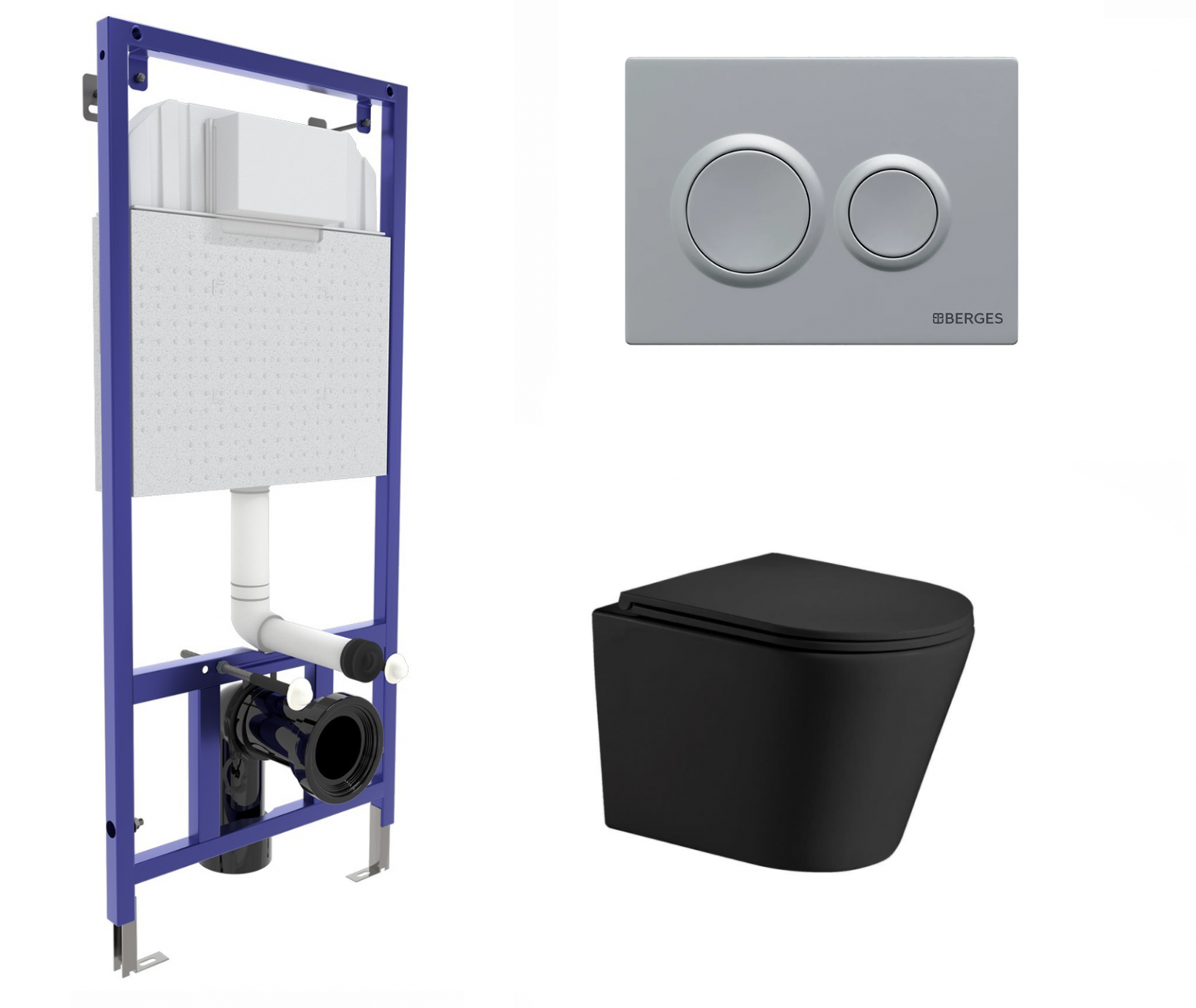Комплект 3 в 1 инсталляция Berges Novum O2 + Подвесной унитаз WeltWasser Salzbach 043 MT-BL черный с кнопкой матовой хром