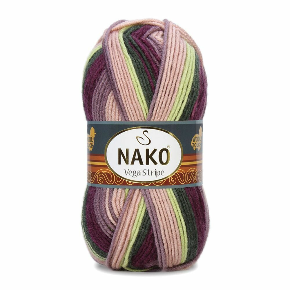 Пряжа Vega Stripe, Nako, св. сирен/салат/зел/фиол - 82414, 100% аркил, 5 мотков, 100 г, 195 м.