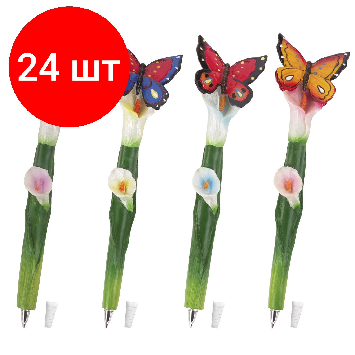 Комплект 24 шт, Ручка фигурная "бабочки", синяя, 4 дизайна ассорти, 0.5 мм, дисплей, BRAUBERG, 142776