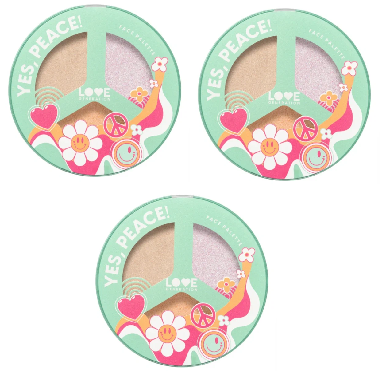 Палетка для лица Love Generation Yes, Peace! тон 04 Золотой, голубой, персиковый, 9.6 гр 3 шт