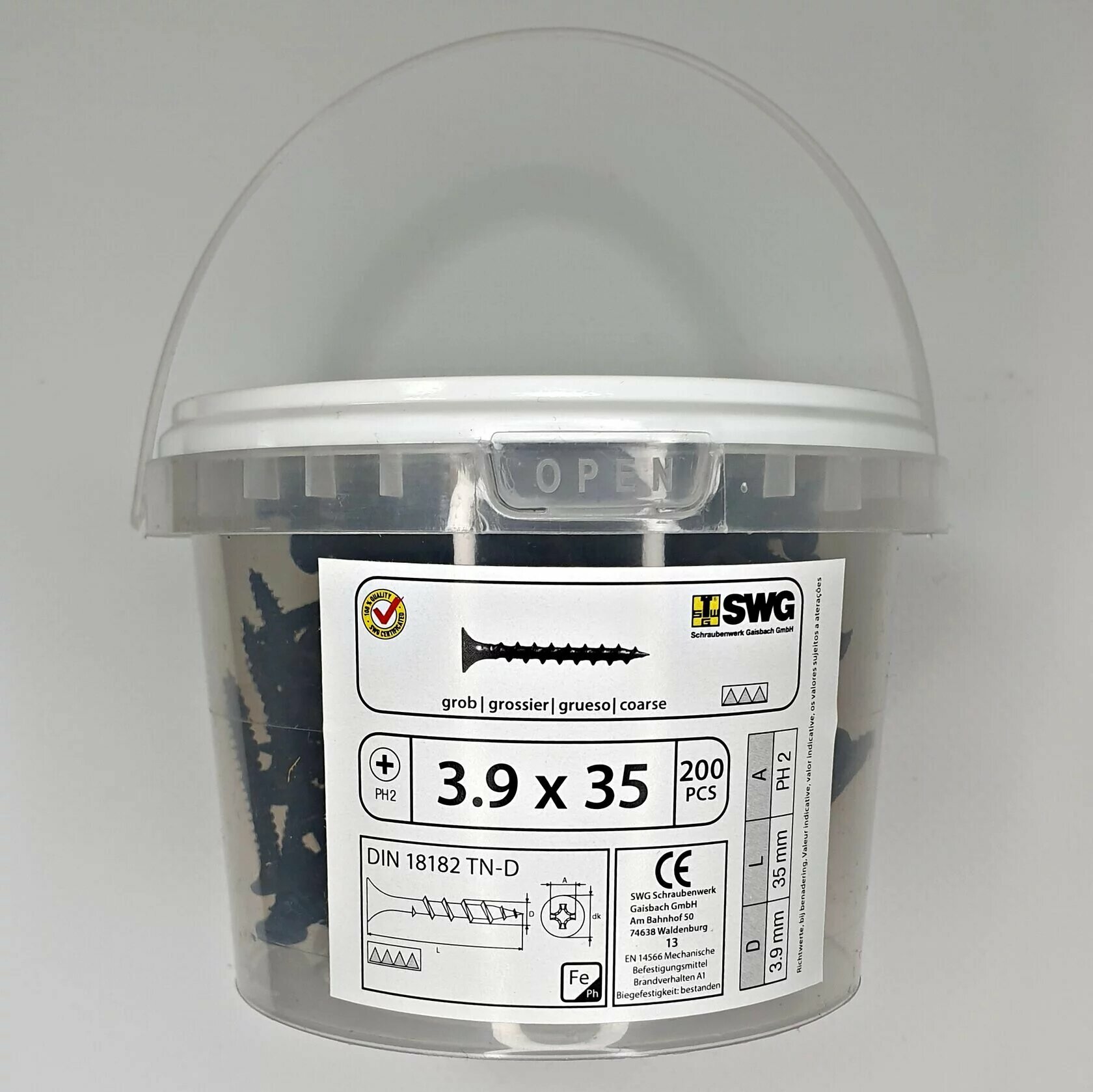 Саморез по гипсокартону потайная голова с двухзаходной мелкой резьбой и острым наконечником (РН-2) DIN 18182 Тип TN-D-H (без бура) 3.9x35 200 pcs SWG, Германия