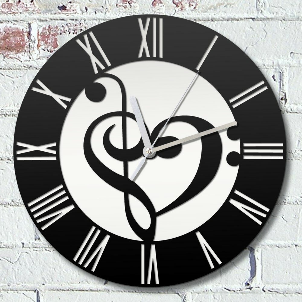 Настенные деревянные бесшумные часы эстетика Музыка (скрипичный ключ, басовый, сердце, атмосфера) - 5106