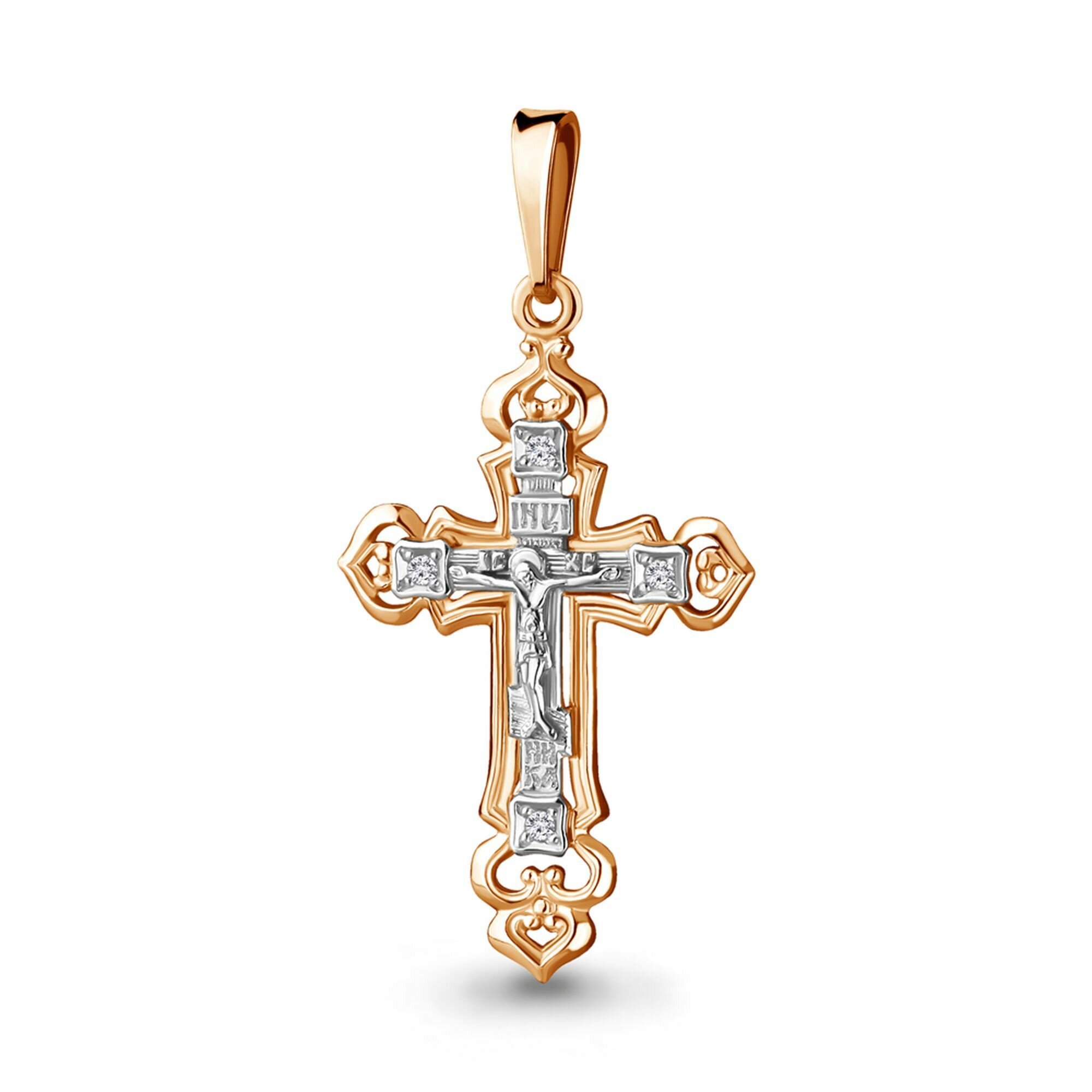 Крестик, красное золото, 585 проба, фианит