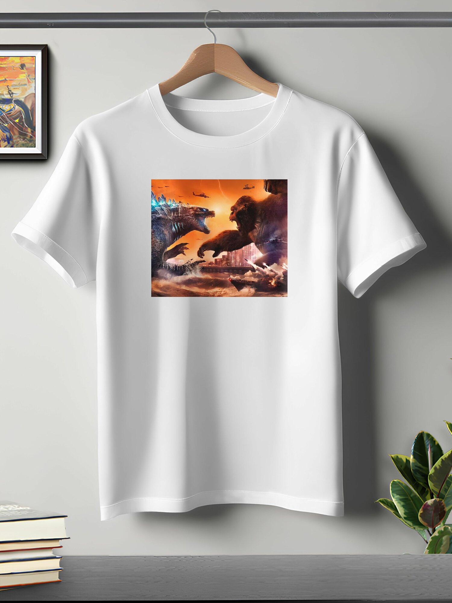 Футболка ONEQ унисекс 52-54 (XXL) размер с принтом Годзилла и Конг, белая