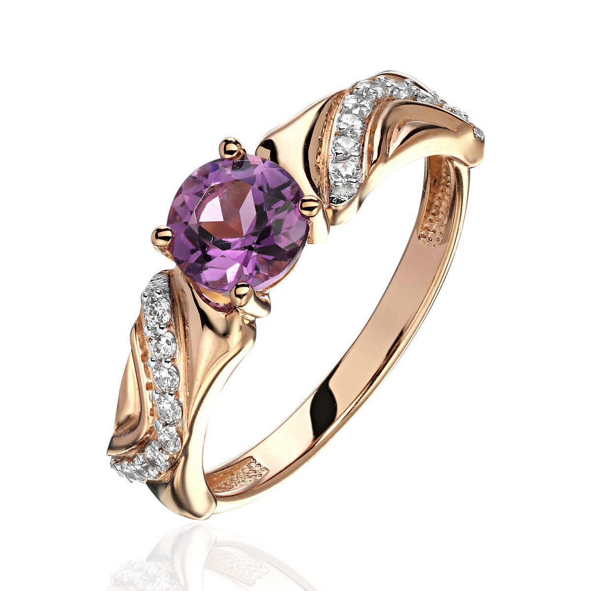 Кольцо, красное золото, 585 проба, родирование, фианит, аметист