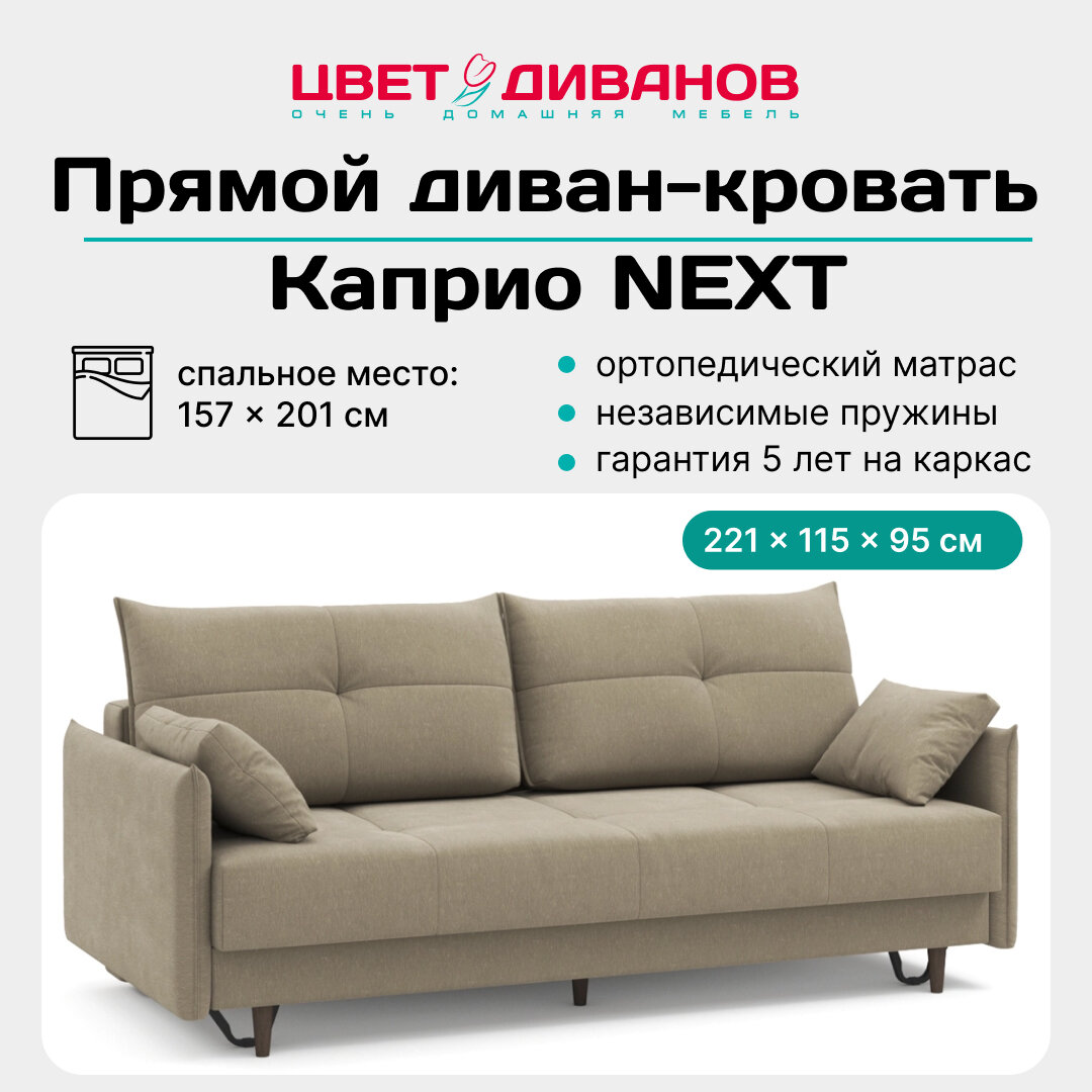Прямой диван кровать Цвет Диванов Каприо NEXT 22 221 раскладной, пружинный ортопедический матрас, шенилл, металлокаркас
