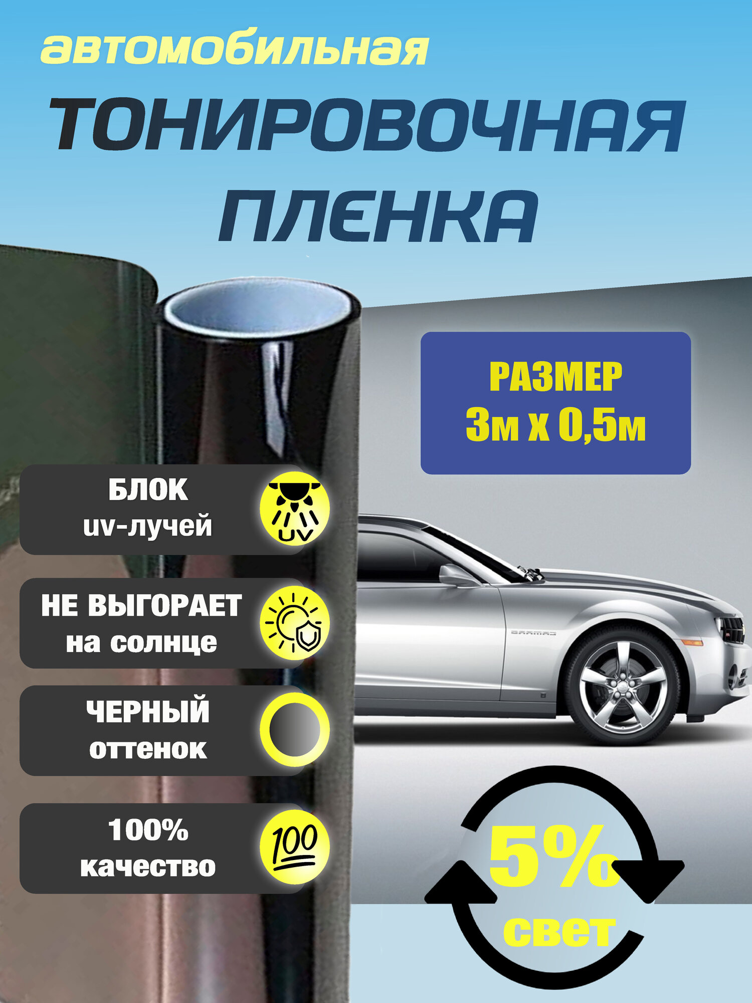 Черная тонировка на автомобиль Классическая 5% (3м х 0.5м) SOLARTEK Самоклеящаяся тонировочная пленка