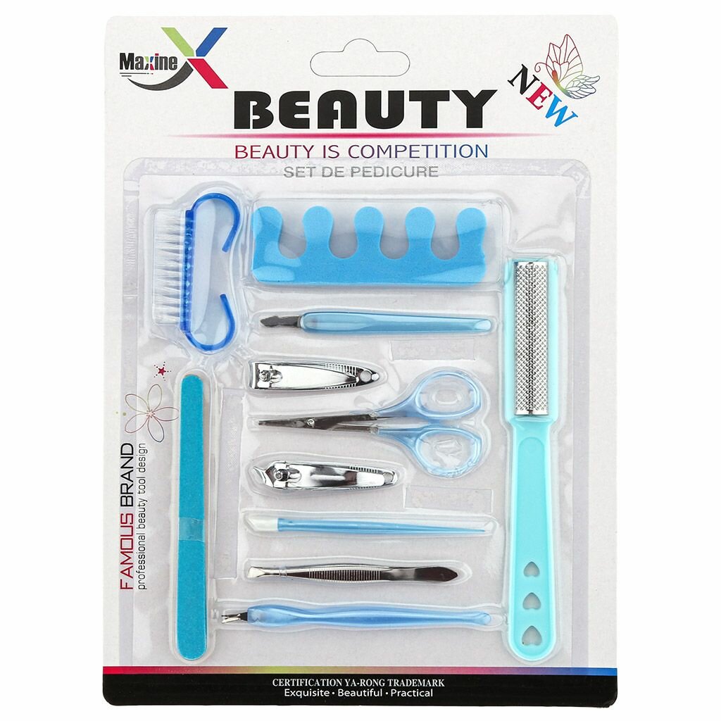 Педикюрный набор КНР 15 предметов: кусачки-книпсер 2 шт, терка для ног, пилка 5 шт, триммер, пушер-лопатка 2 шт, ножницы, пинцет, щетка (X-20)