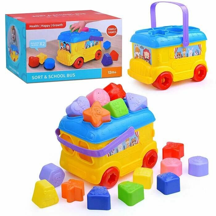 Игрушка-сортер Китай "Автобус", 16 предметов, геометрические фигуры с животными, сундук, в коробке