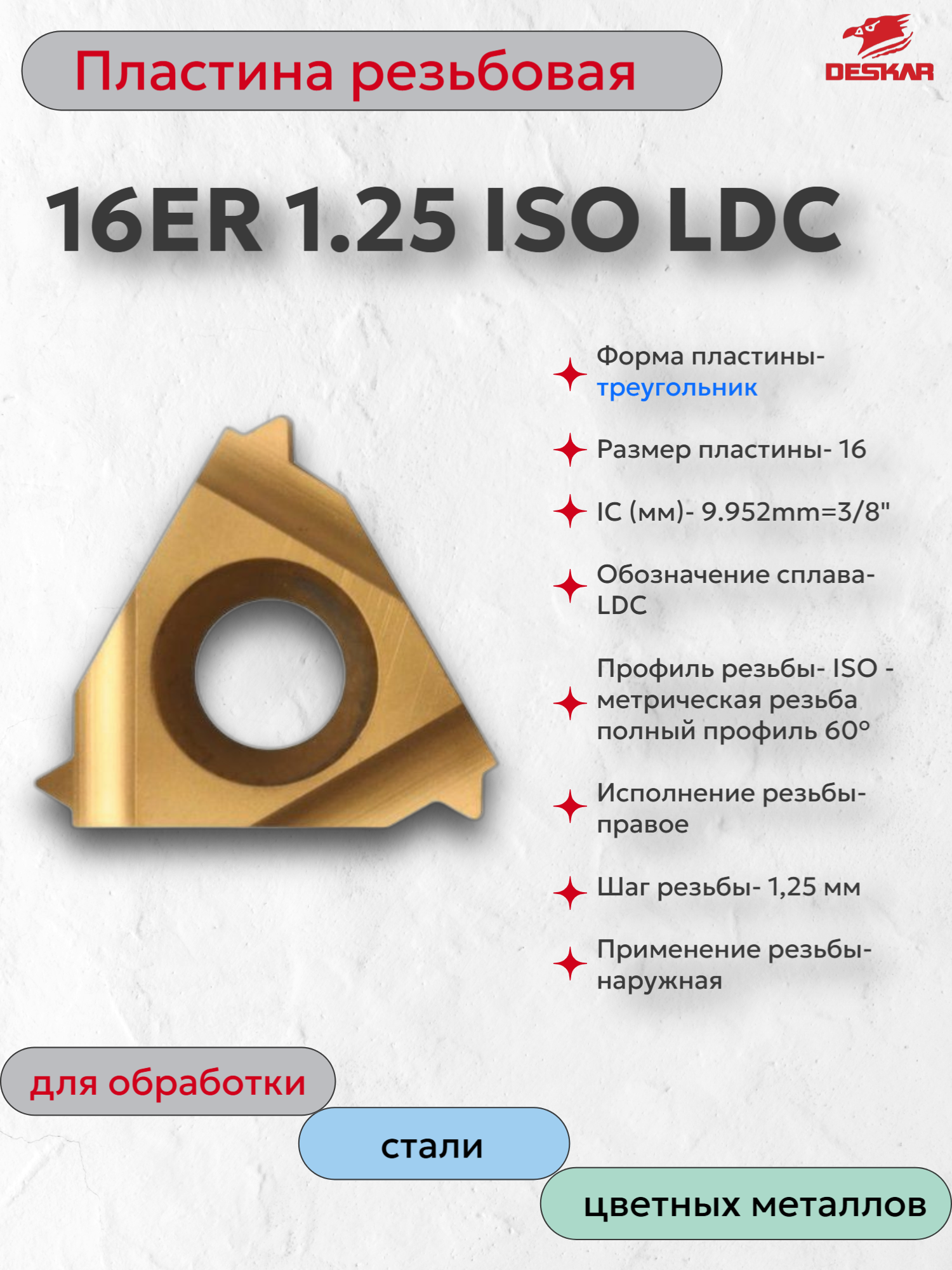 16ER 1.25 ISO LDC пластина резьбовая (1 шт.) DESKAR 00-00021150