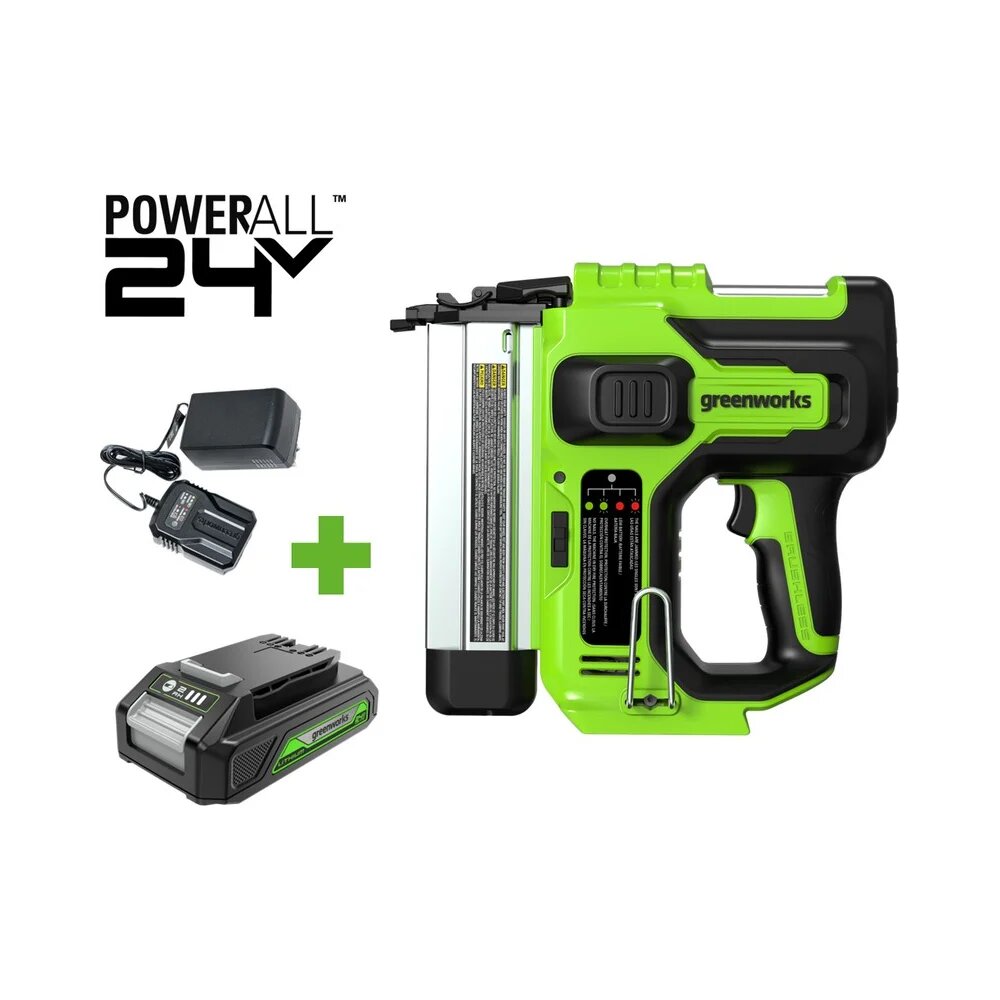 Нейлер GreenWorks GD24BN, 24V, б/щет, 100 уд/мин, гвозди 18GA, LED, 1x2Ач, ЗУ, коробка 3400707VUA, 1,25х1,05мм