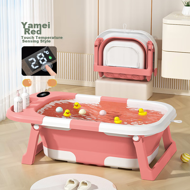 Xiaoharen Foldable Baby Bathtub, Sit Or Lie Down, Foldable for Infants And Newborns, Temperature-Sensitive Model, Rose Red