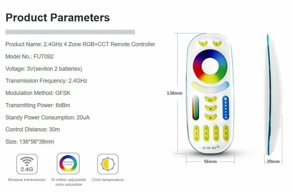 FUT092 2.4G RGBW RGB Белый / теплый белый радиочастотный светодиодный сенсорный контроллер