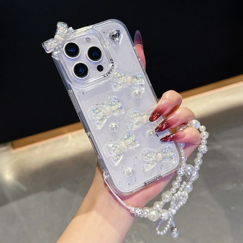 INS жемчужное сердце-брелок с бисером, тонкий прозрачный чехол для телефона для iPhone 16, 15, 14, 13 Pro Max, противоударный бампер с мультяшным рисунком, задняя крышка