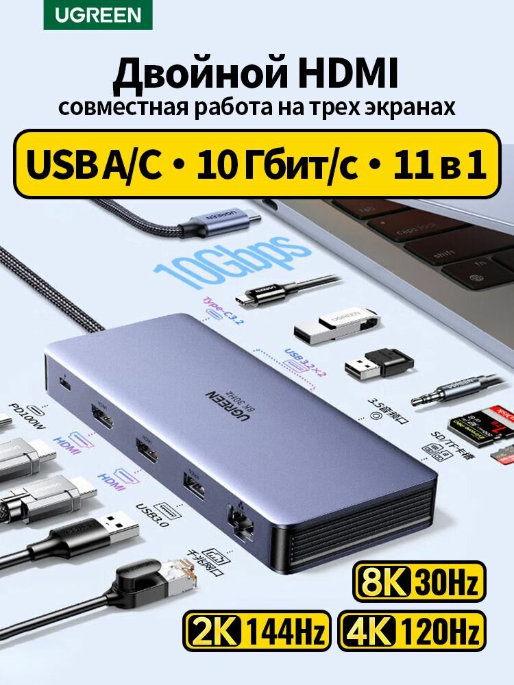 USB-Концентратор UGREEN 11-in-1 (15965), 8K(30HZ) HDMI, USB-C, RJ45, USB 3.2, 3.5mm, PD 100W Hub