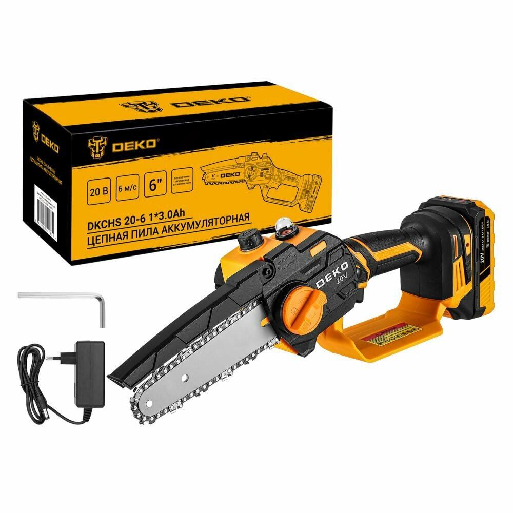 Пила цепная аккумуляторная DEKO DKCHS 20-6, 20В, 1x3.0Ач 063-4307-1
