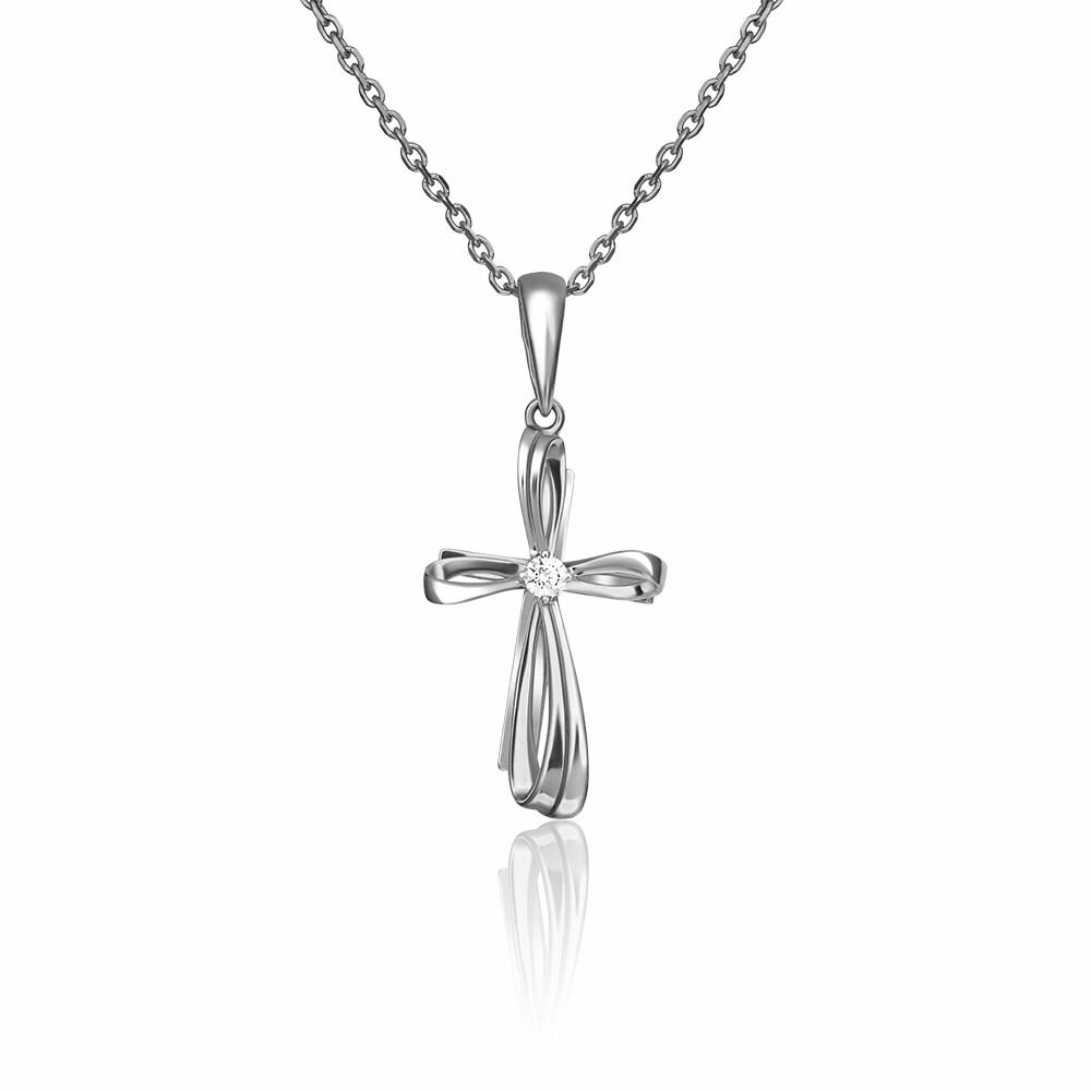 Крестик, белое золото, 585 проба, родирование, фианит