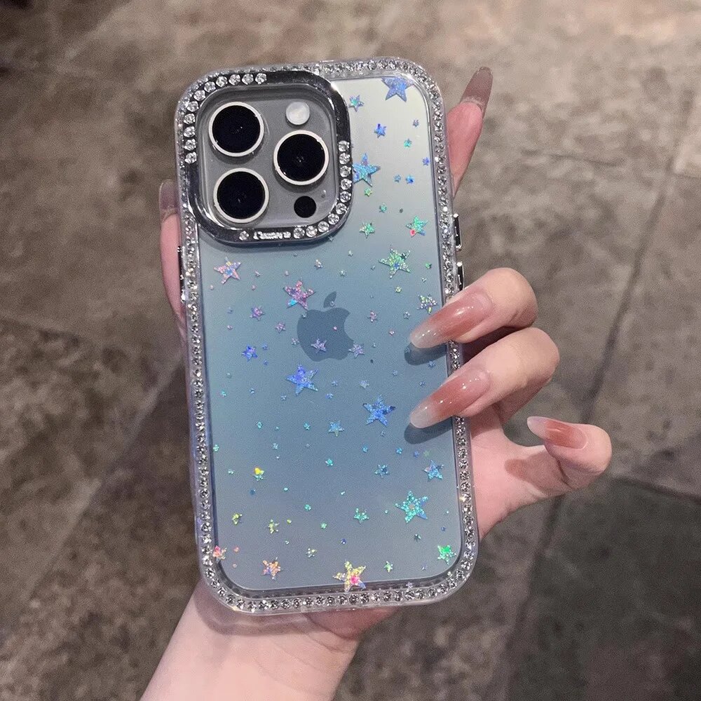 Прозрачный чехол для телефона с блестящими стразами и градиентом iPhone17 Про Макс, Синий, Blue