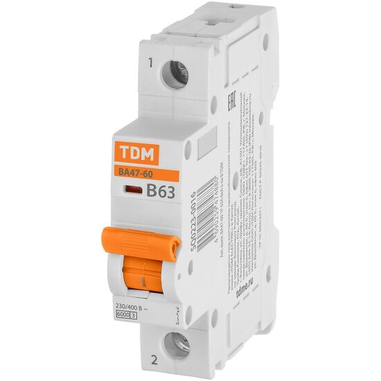 Автоматический выключатель Tdm Electric ВА47-60 1Р 63А 6кА х-ка В