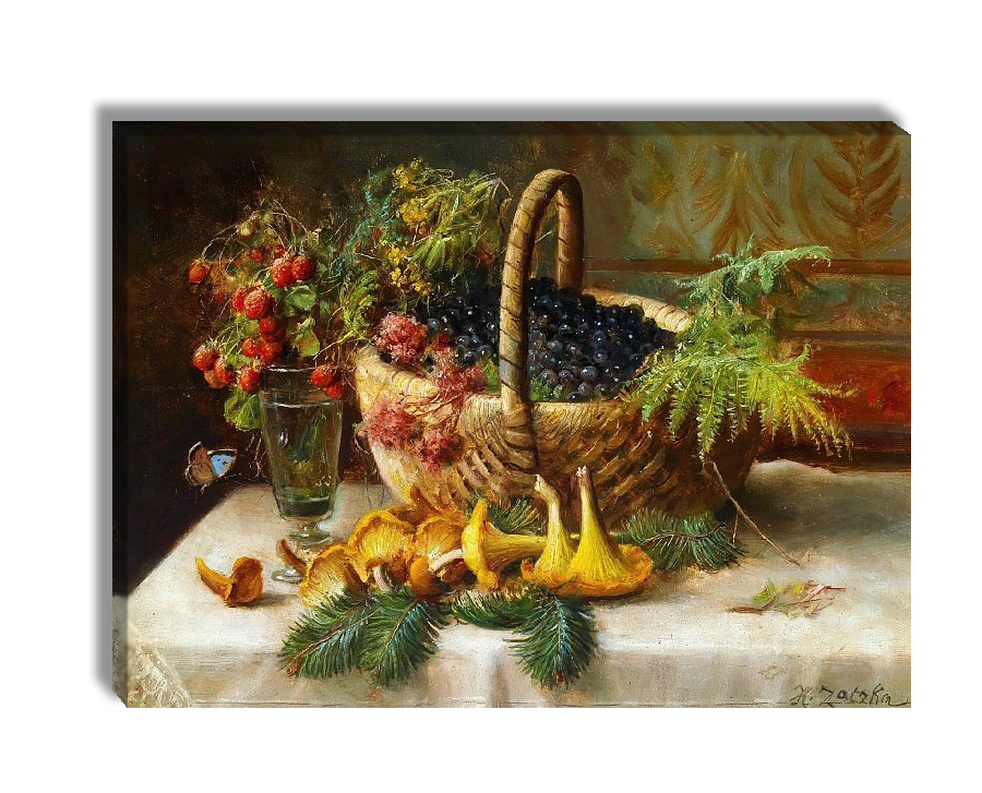 Картина для интерьера "Натюрморт с ягодами и грибами", Зацка, Ханс, печать на холсте (68х50 см / на подрамнике)