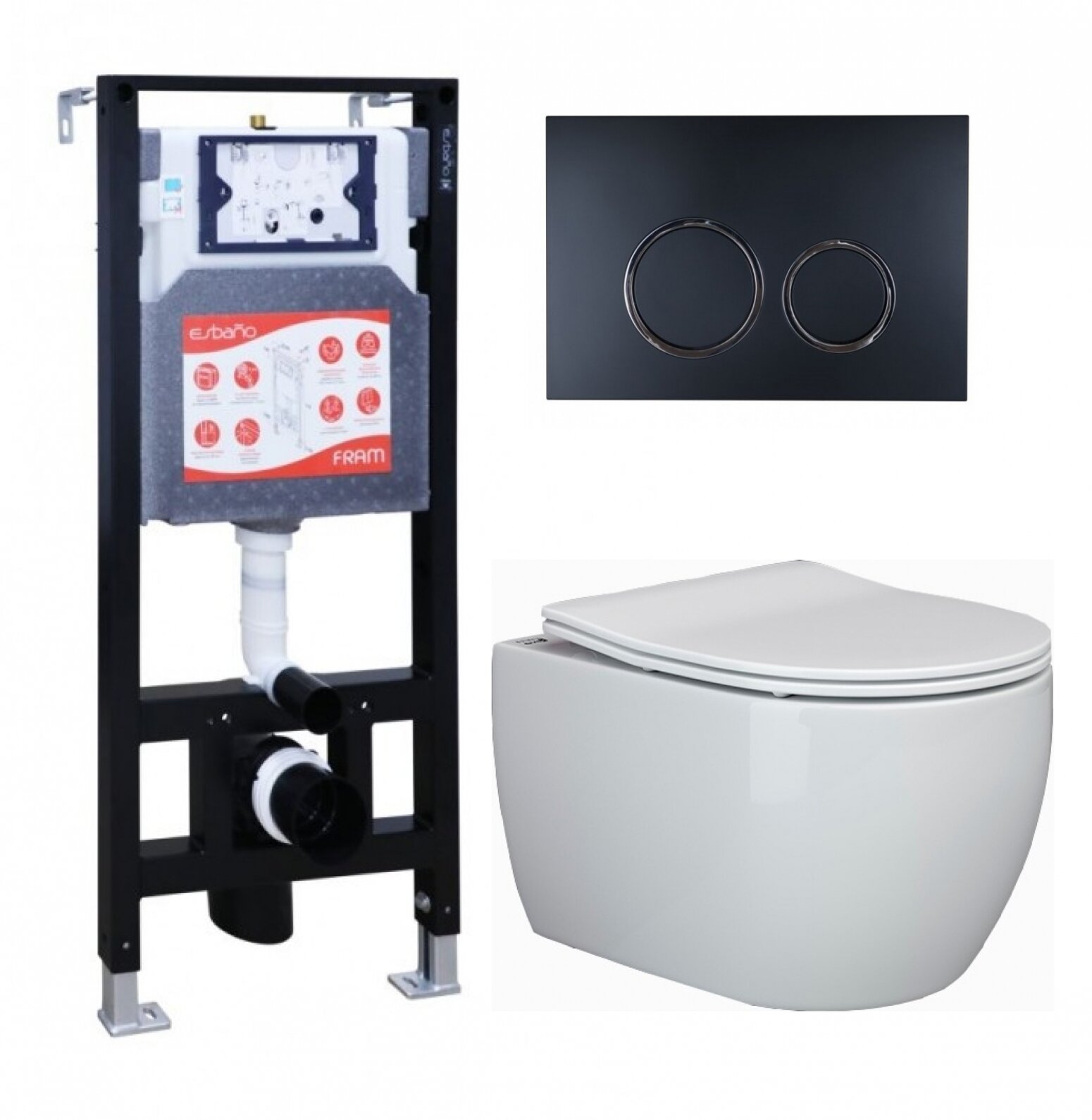 Комплект 3 в 1 инсталляция ESBANO FRAM + Унитаз подвесной Ceramica Nova Play CN3001 + кнопка черная матовая