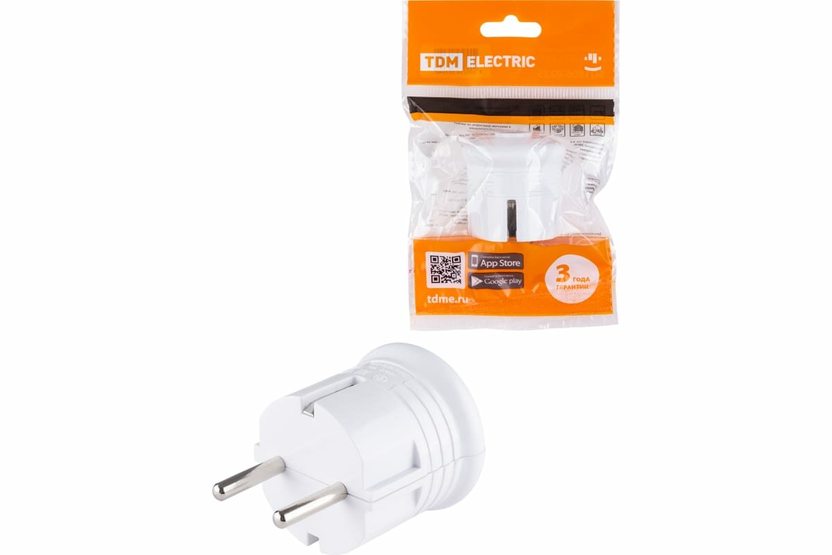Вилка с заземлением TDM ELECTRIC круглая, белая, 10А, 250В SQ1806-0199