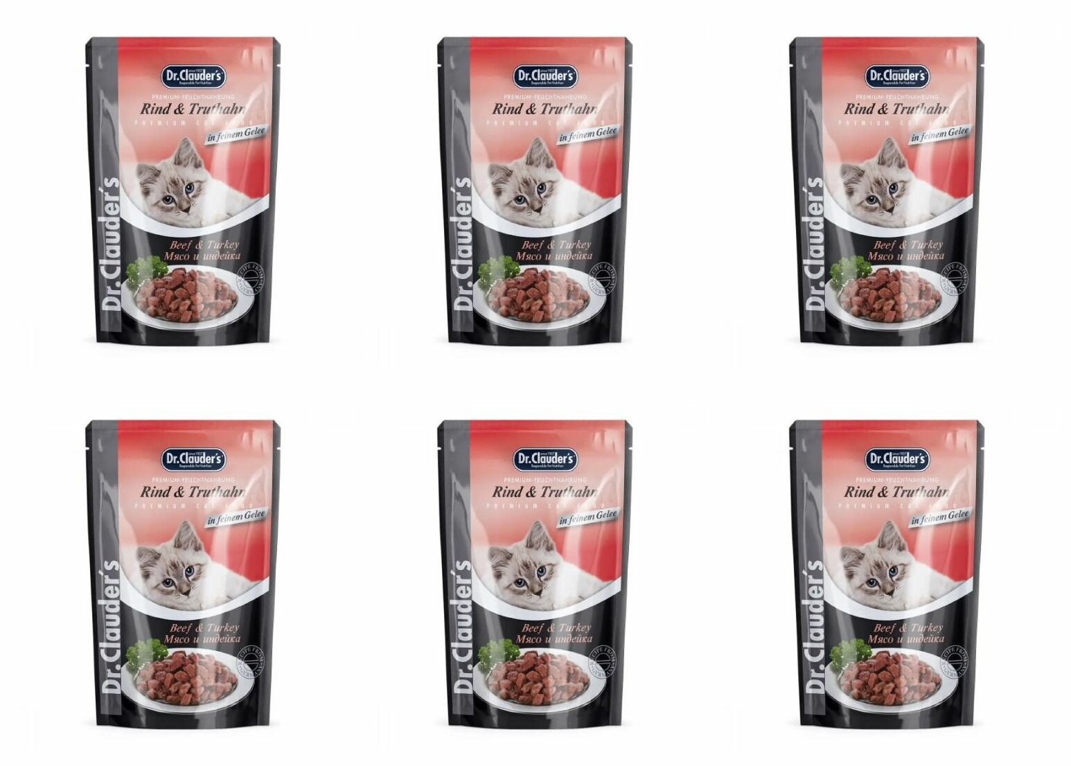 Dr. Clauder's Влажный корм для взрослых кошек с мясом и индейкой кусочки в желе, пауч 85 г, 6 штук