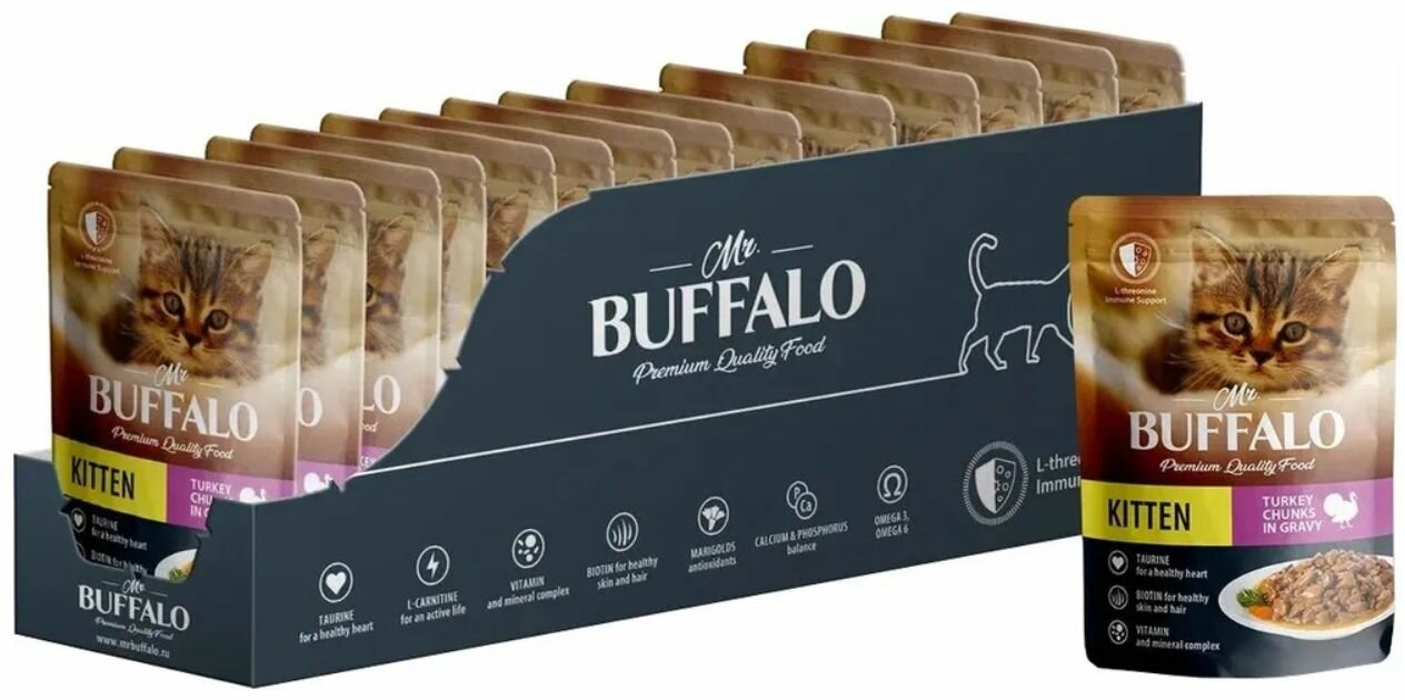 Mr.Buffalo Влажный корм для котят Kitten, индейка на пару в соусе, 85 г, 24 шт