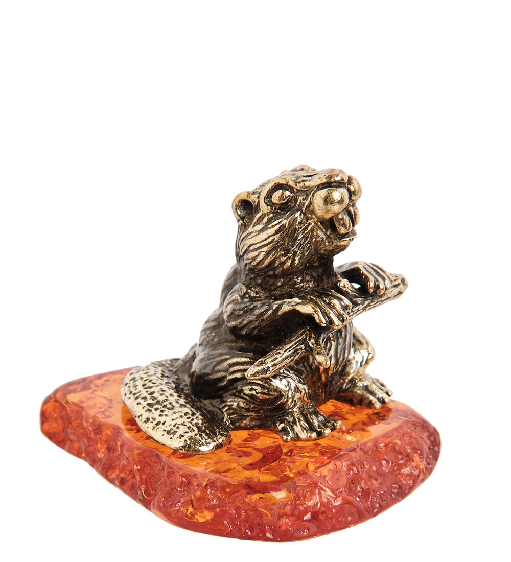 Фигурка 'Бобер с веточкой' (латунь, янтарь)