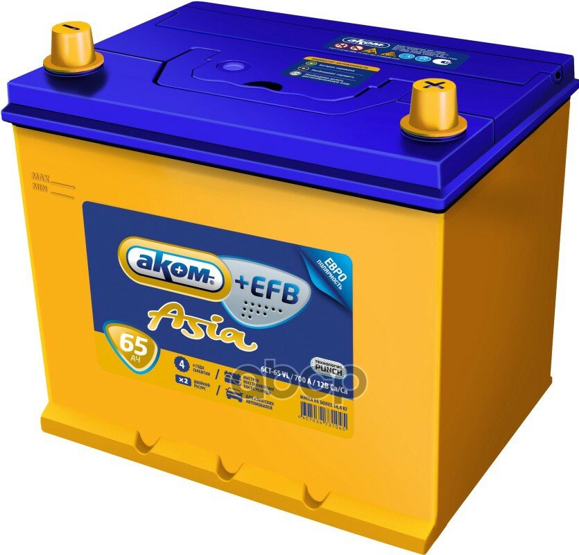 65 А. ч. АКОМ ASIA +EFB (75D23L) азия, обр. п, ниж. креп, 700 A/EN (232x173x225) АКОМ арт. 4607034731502