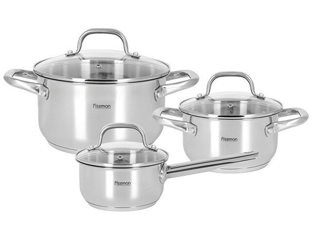 5836 FISSMAN Набор посуды FLORY 6 пр.(нерж. сталь) Ковш 14х7см - 0,7л; Кастрюля 16х9см - 1,5л; Кастрюля 20х11см - 2,8л нерж. сталь; Крышки стекло; Индукция; Термоаккумулирующее многослойное дно.
