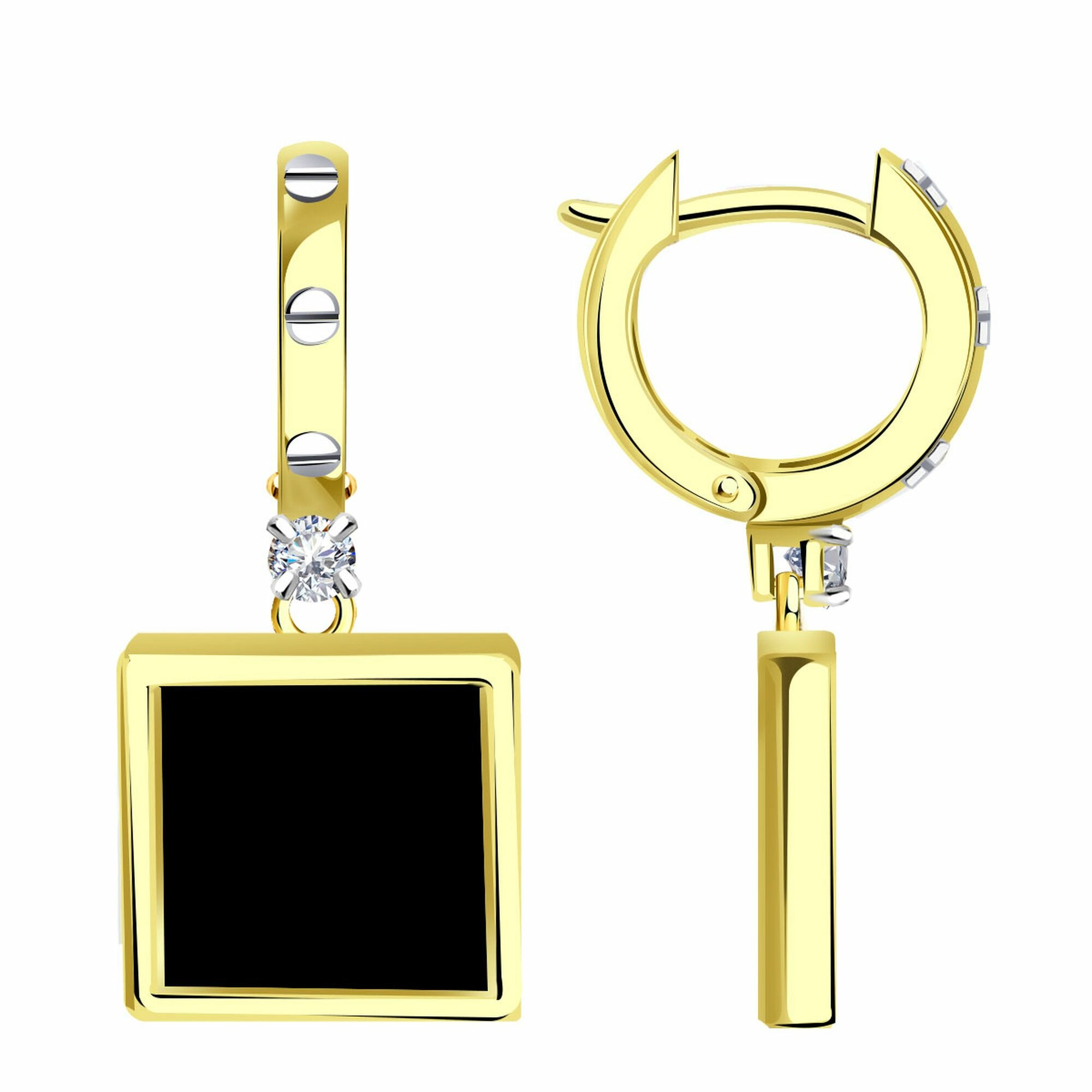 Серьги, желтое золото, 585 проба, фианит, оникс