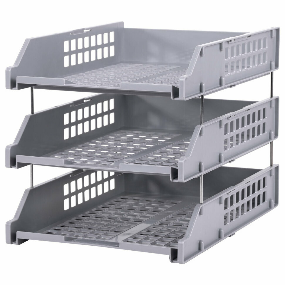 Лотки горизонтальные для бумаг, комплект 3 шт, 334х255х271 мм, серый, BRAUBERG GRAND OFFICE, 238110, 238110